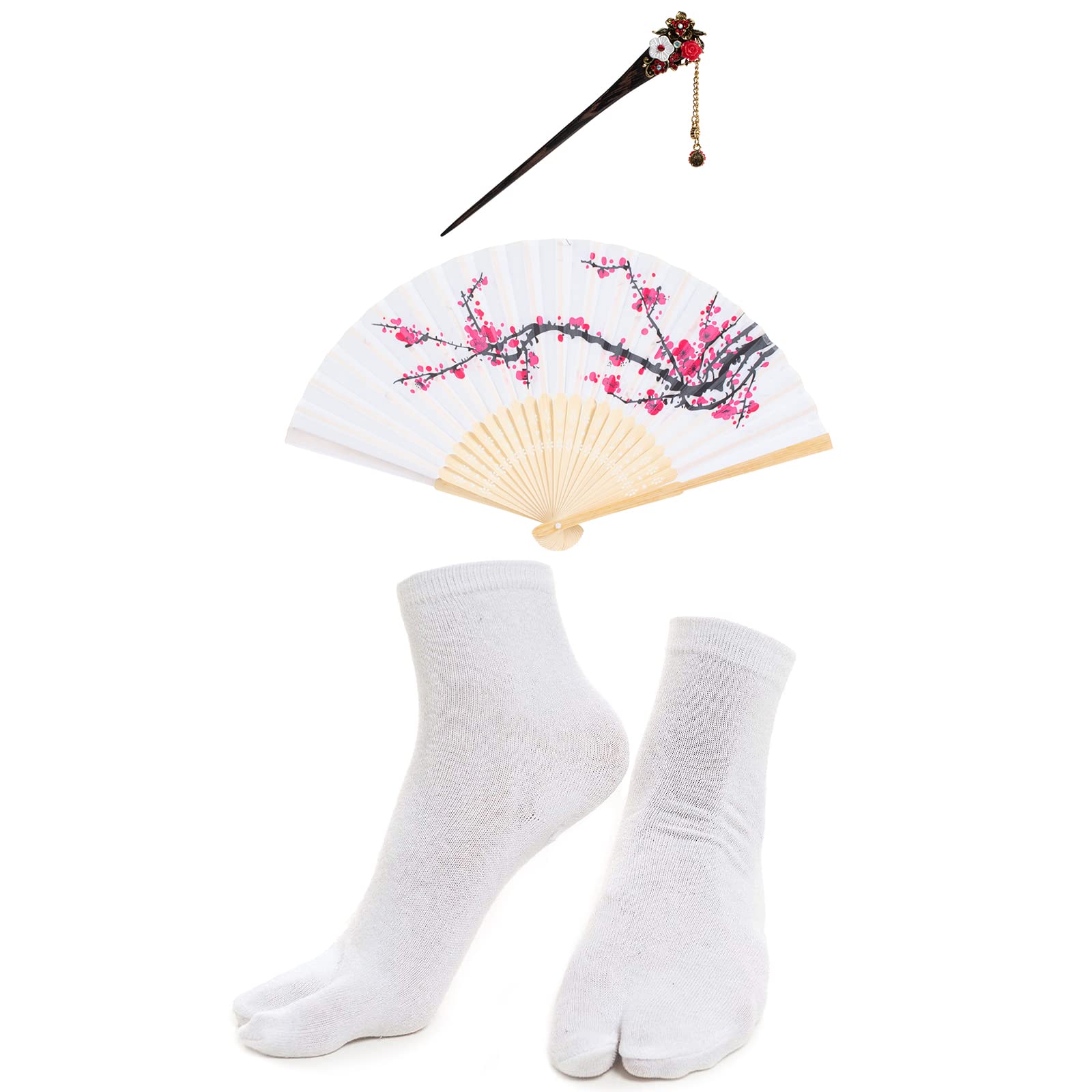 Japanese Anime Women's Dance Kimono Robe Fancy Dress Yukata Silk Folding Fans Tabi Hairstick Socks Set White Large