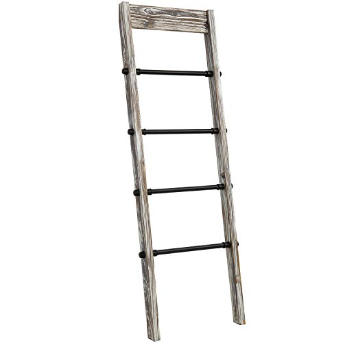 MyGift Solid Torched Wood Wall Leaning Blanket Ladder Quilt Rack, Farmhouse Bathroom Storage Towel Ladder Holder with Industrial Black Metal Pipe Rung