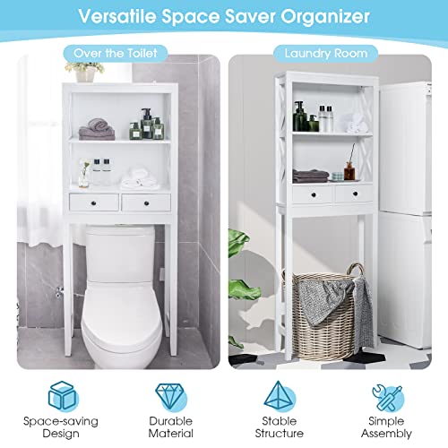 Tangkula Over The Toilet Storage Cabinet, 65β Over Toilet Bathroom Organizer with Adjustable Bottom Bar, 2 Open Shelves, 2 Drawers, Anti-tip Devices, Freestanding Above Toilet Storage Cabinet (White)