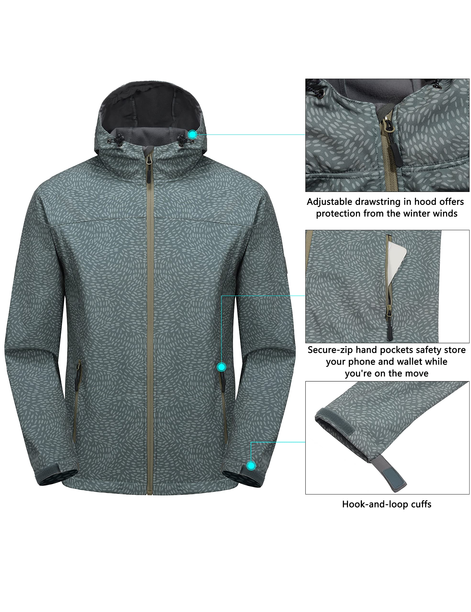 Little Donkey Andy Men's Lightweight Fleece Lined Jackets Hooded Windproof Jackets for Hiking Outdoor Gray Floral L