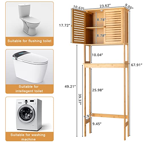 Bamboo Over The Toilet Storage Cabinet Organizer, Tall Bathroom Cabinet with Cupboard and Adjustable Shelves, Freestanding Toilet Shelf Space Saver Rack Stand for Laundry Room, Balcony (Natural)