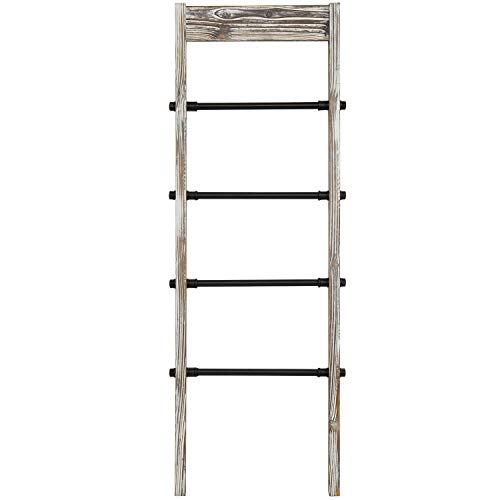 MyGift Solid Torched Wood Wall Leaning Blanket Ladder Quilt Rack, Farmhouse Bathroom Storage Towel Ladder Holder with Industrial Black Metal Pipe Rung