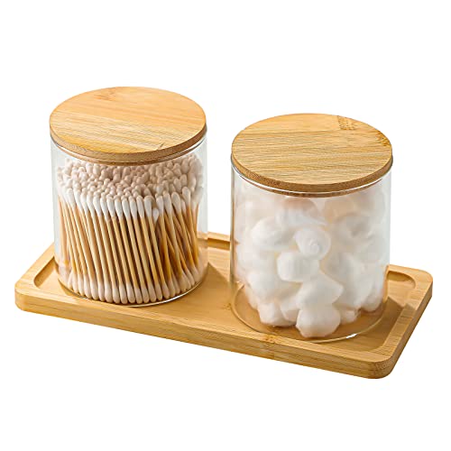 2 Pack 20oz Glass Qtip Holder with Bamboo Vanity Tray Glass Cotton Ball Holder Apothecary Jars Bathroom Organizer Canisters with Lids for Cotton Swabs Cotton Pads Dental Floss Makeup Brush Perfume.