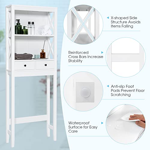 Tangkula Over The Toilet Storage Cabinet, 65β Over Toilet Bathroom Organizer with Adjustable Bottom Bar, 2 Open Shelves, 2 Drawers, Anti-tip Devices, Freestanding Above Toilet Storage Cabinet (White)