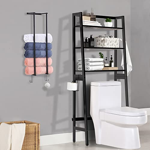 MallKing 3-Tier Over The Toilet Rack Wooden Bathroom Spacesaver and Wall Towel Rack Metal Bathroom Rolled Towels(Black)
