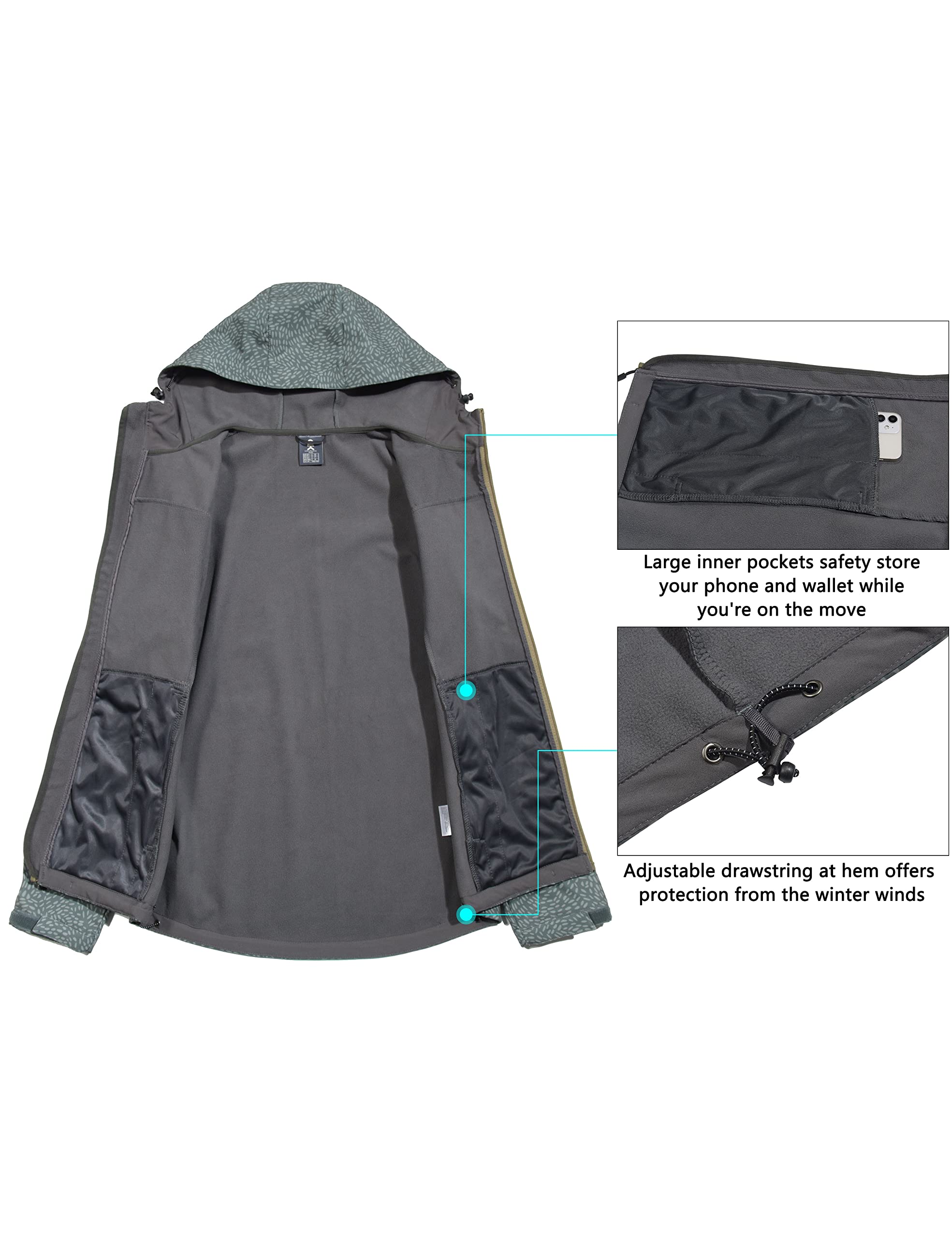 Little Donkey Andy Men's Lightweight Fleece Lined Jackets Hooded Windproof Jackets for Hiking Outdoor Gray Floral L