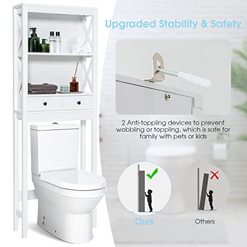 Tangkula Over The Toilet Storage Cabinet, 65β Over Toilet Bathroom Organizer with Adjustable Bottom Bar, 2 Open Shelves, 2 Drawers, Anti-tip Devices, Freestanding Above Toilet Storage Cabinet (White)