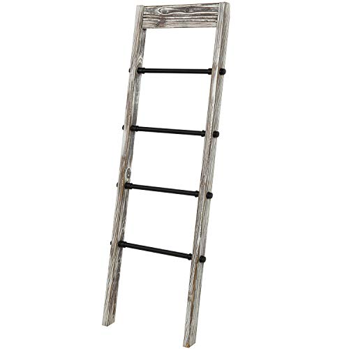 MyGift Solid Torched Wood Wall Leaning Blanket Ladder Quilt Rack, Farmhouse Bathroom Storage Towel Ladder Holder with Industrial Black Metal Pipe Rung