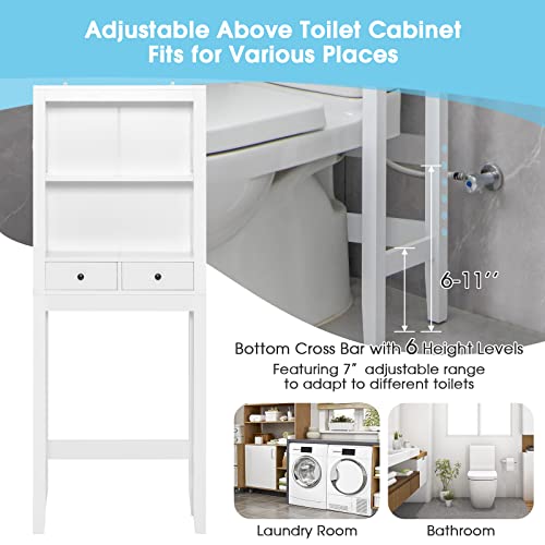 Tangkula Over The Toilet Storage Cabinet, 65β Over Toilet Bathroom Organizer with Adjustable Bottom Bar, 2 Open Shelves, 2 Drawers, Anti-tip Devices, Freestanding Above Toilet Storage Cabinet (White)