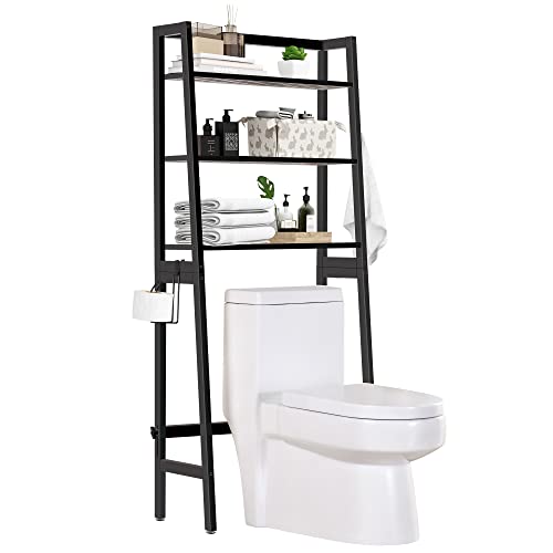 MallKing 3-Tier Over The Toilet Rack Wooden Bathroom Spacesaver and Wall Towel Rack Metal Bathroom Rolled Towels(Black)