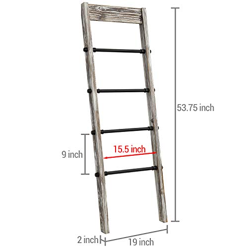 MyGift Solid Torched Wood Wall Leaning Blanket Ladder Quilt Rack, Farmhouse Bathroom Storage Towel Ladder Holder with Industrial Black Metal Pipe Rung