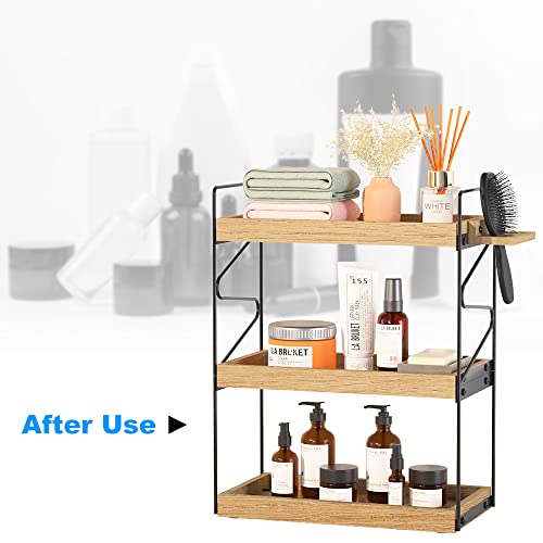 Nidouillet 3 Tier Bathroom Counter Organizer, Wood Countertop Organizer Standing Shelf Skincare Vanity Organizer Cosmetic Holder with Sink Tray Comb Storage for Kitchen Coffee Station Bedroom Brown