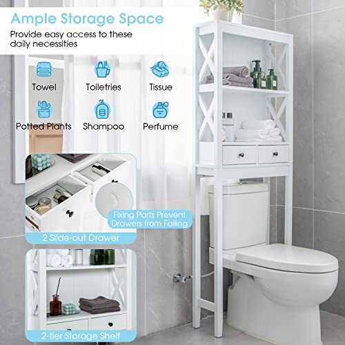 Tangkula Over The Toilet Storage Cabinet, 65β Over Toilet Bathroom Organizer with Adjustable Bottom Bar, 2 Open Shelves, 2 Drawers, Anti-tip Devices, Freestanding Above Toilet Storage Cabinet (White)