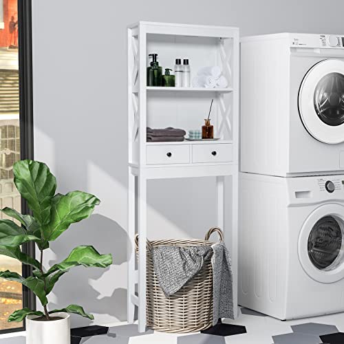 Tangkula Over The Toilet Storage Cabinet, 65β Over Toilet Bathroom Organizer with Adjustable Bottom Bar, 2 Open Shelves, 2 Drawers, Anti-tip Devices, Freestanding Above Toilet Storage Cabinet (White)