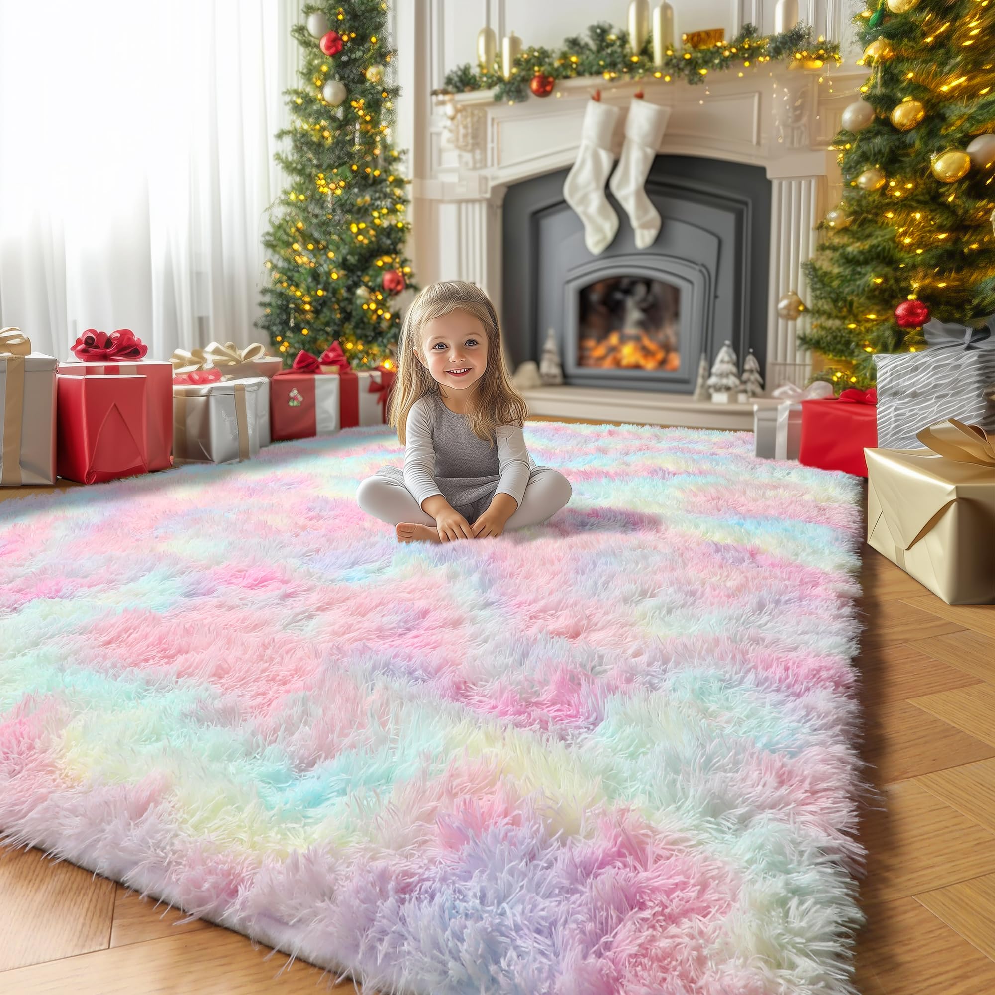 Rainbow Fluffy Rugs for Girls Bedroom, 4x6 Rug, Unicorn Room Decor,Pastel Area Rug for Kids, Shag Carpet for Nursery, Soft Play Mat for Baby, Fuzzy Rug for Living Room, Plush Throw Rug for Playroom