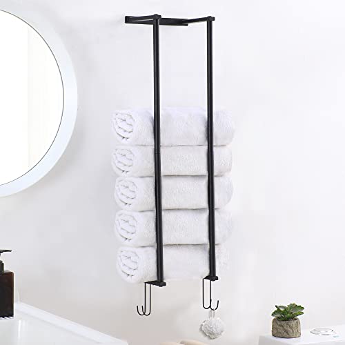 MallKing 3-Tier Over The Toilet Rack Wooden Bathroom Spacesaver and Wall Towel Rack Metal Bathroom Rolled Towels(Black)