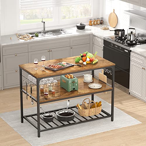 Homieasy Kitchen Island with Wine Glass Holder, Industrial Wood and Metal Coffee Bar Rack, 3 Tier Spacious Prep Table Extended Counter with Hooks Easy to Assemble, Rustic Brown