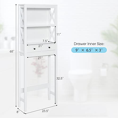 Tangkula Over The Toilet Storage Cabinet, 65β Over Toilet Bathroom Organizer with Adjustable Bottom Bar, 2 Open Shelves, 2 Drawers, Anti-tip Devices, Freestanding Above Toilet Storage Cabinet (White)