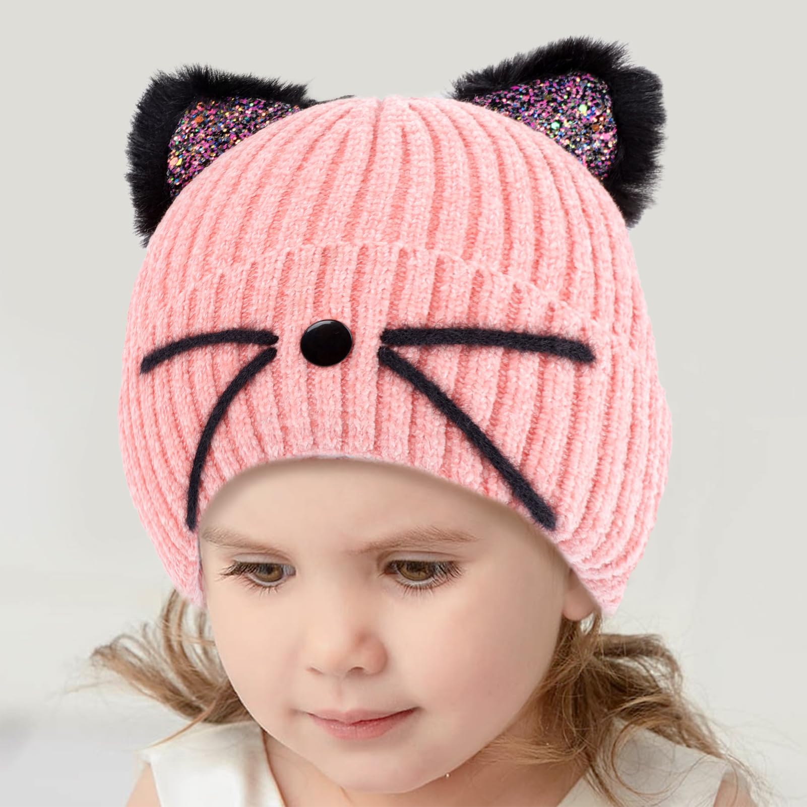 Girls Sequin Cat Ears Hats Cute Winter Beanies Hat for Outdoor Snow Ski Warm Knit Caps (Age 7-15)