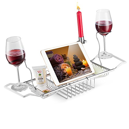 Bathtub Tray Caddy Stainless Steel - Bath Tub Caddy Rack & Organizer with Stand for Book, iPad or Phone - Candle Holder - 2 Wine Holders