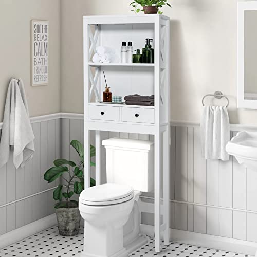 Tangkula Over The Toilet Storage Cabinet, 65β Over Toilet Bathroom Organizer with Adjustable Bottom Bar, 2 Open Shelves, 2 Drawers, Anti-tip Devices, Freestanding Above Toilet Storage Cabinet (White)