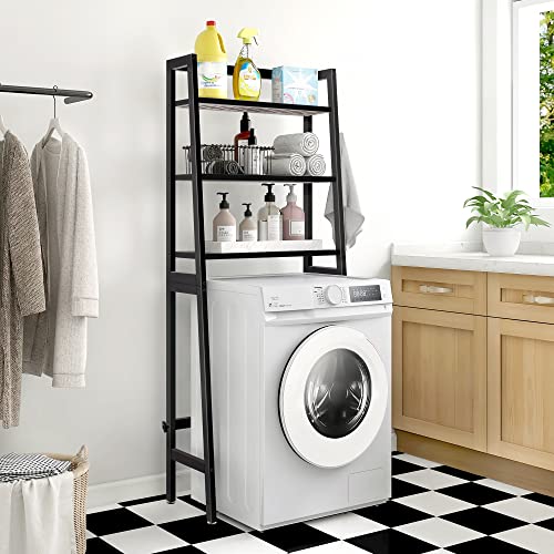 MallKing 3-Tier Over The Toilet Rack Wooden Bathroom Spacesaver and Wall Towel Rack Metal Bathroom Rolled Towels(Black)