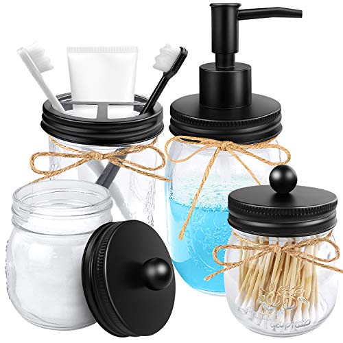 4pcs Rustic Mason Jar Bathroom Accessories Set- Liquid Soap Pump Dispenser and 2 Small Apothecary Storage Glass Jars&Toothbrush Stand Holder for Bathroom, Farmhouse Home Decor, Kitchen Sink (Black)