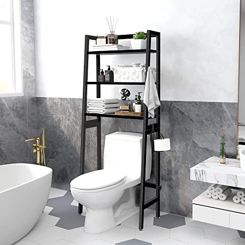 MallKing 3-Tier Over The Toilet Rack Wooden Bathroom Spacesaver and Wall Towel Rack Metal Bathroom Rolled Towels(Black)