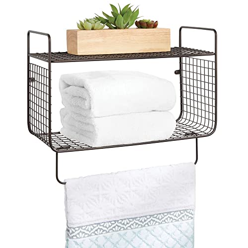 mDesign Steel Wall Mount Towel Rack Storage Organizer Shelf Holder with Towel Bar - for Bathroom, Laundry Room, Kitchen, Garage - Holds Hand Towels, Washcloth - Concerto Collection - Bronze