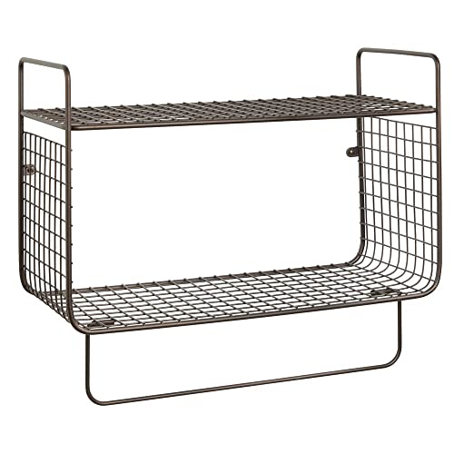 mDesign Steel Wall Mount Towel Rack Storage Organizer Shelf Holder with Towel Bar - for Bathroom, Laundry Room, Kitchen, Garage - Holds Hand Towels, Washcloth - Concerto Collection - Bronze