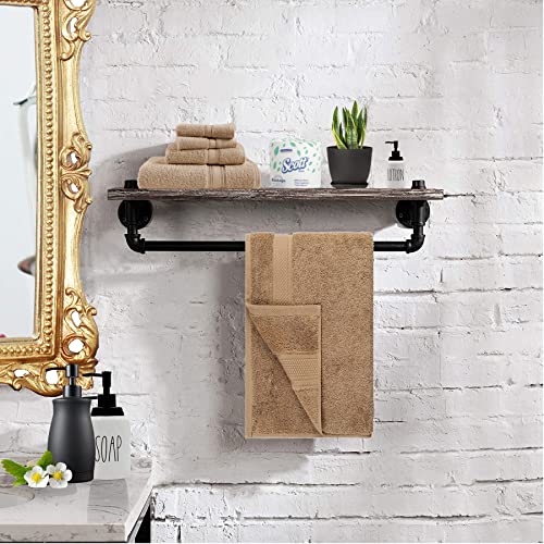 BSTGIFTS Industrial Pipe Shelf with Towel Bar,Wall Mounted Shelving with Towel Bar Rack for Bathroom, Wood Rack