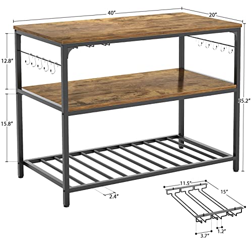 Homieasy Kitchen Island with Wine Glass Holder, Industrial Wood and Metal Coffee Bar Rack, 3 Tier Spacious Prep Table Extended Counter with Hooks Easy to Assemble, Rustic Brown