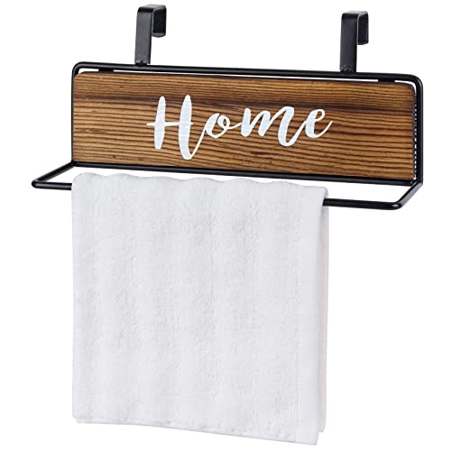 MyGift Rustic Burnt Solid Wood and Black Metal Over The Cabinet Door Dish Hand Towel Rack, Kitchen Drying Towel Bar with Decorative Cursive Home Writing