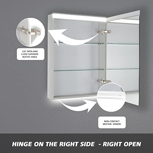 ExBrite LED Lighted Bathroom Medicine cabinets with Mirror,24 x 30 inch Mirror Medicine Cabinet,Aluminum Frame,3-Layer Storage Shelves,Infrared Sensor Switch,Dimmable(Right Opening Door)