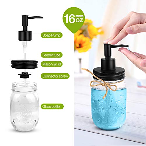4pcs Rustic Mason Jar Bathroom Accessories Set- Liquid Soap Pump Dispenser and 2 Small Apothecary Storage Glass Jars&Toothbrush Stand Holder for Bathroom, Farmhouse Home Decor, Kitchen Sink (Black)
