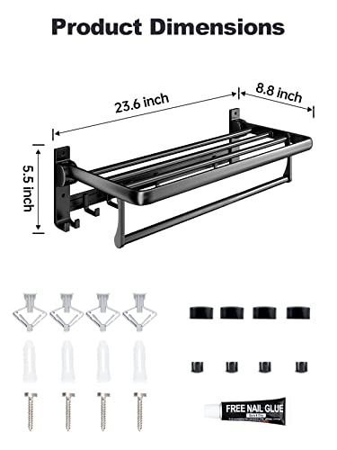 Bathroom Towel Rack, Foldable Towel Racks for Bathroom with 5 Sliding Towel Hooks, Drilling/Adhesive Towel Rack Wall Mounted for Rental/Restroom/Bedroom, Upgrade Wall Anchors, Rustproof, 24in