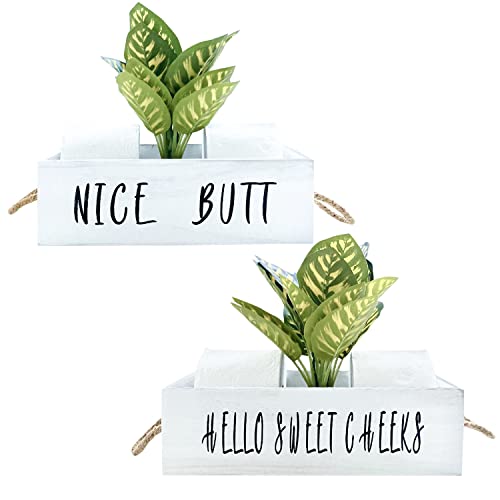 Pret & Lively Farmhouse Box, Nice Butt, Hello Sweet Cheeks,Home Decor, Storage Basket, Toilet Paper Holder, Funny Gift, Diaper Caddy, Cute Signs, Rustic Wooden Crate with Rope Handles, White