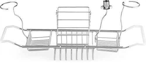 Bathtub Tray Caddy Stainless Steel - Bath Tub Caddy Rack & Organizer with Stand for Book, iPad or Phone - Candle Holder - 2 Wine Holders