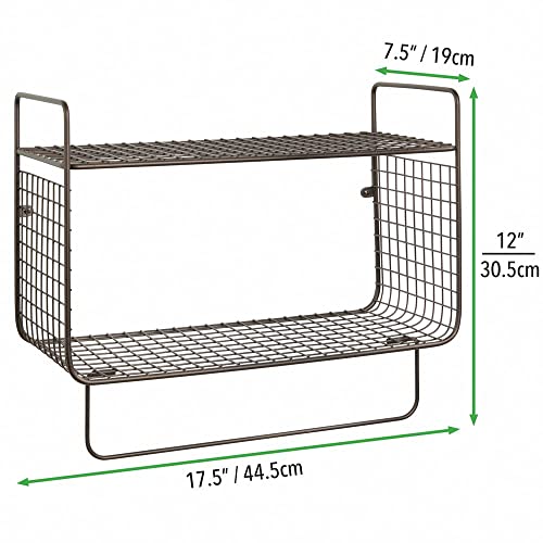 mDesign Steel Wall Mount Towel Rack Storage Organizer Shelf Holder with Towel Bar - for Bathroom, Laundry Room, Kitchen, Garage - Holds Hand Towels, Washcloth - Concerto Collection - Bronze