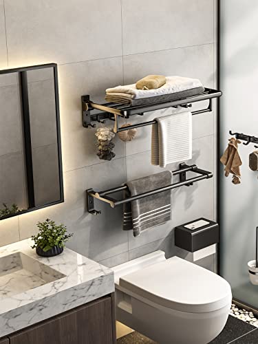 Bathroom Towel Rack, Foldable Towel Racks for Bathroom with 5 Sliding Towel Hooks, Drilling/Adhesive Towel Rack Wall Mounted for Rental/Restroom/Bedroom, Upgrade Wall Anchors, Rustproof, 24in