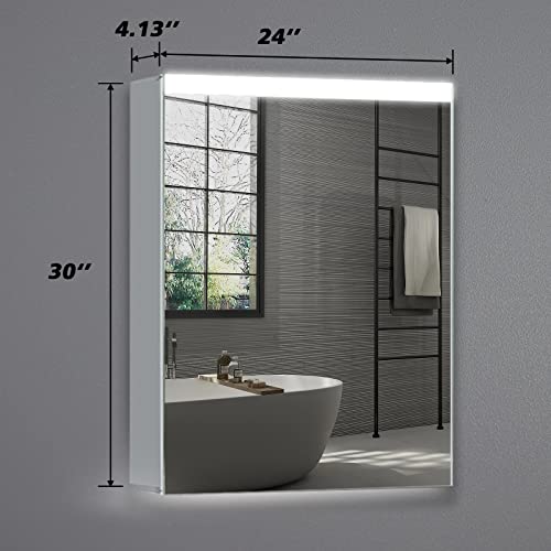 ExBrite LED Lighted Bathroom Medicine cabinets with Mirror,24 x 30 inch Mirror Medicine Cabinet,Aluminum Frame,3-Layer Storage Shelves,Infrared Sensor Switch,Dimmable(Right Opening Door)