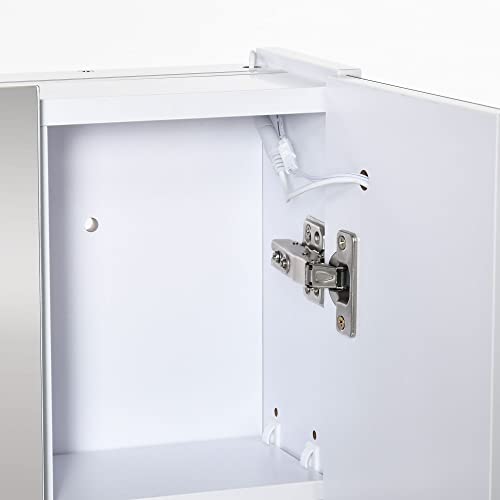 kleankin LED Medicine Cabinet, 35.5 x 29.5 Wall-Mounted Bathroom Vanity Mirror Organizer with Dimmer Touch Switch, Three Doors, and USB Charged, White