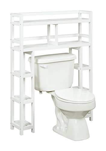 New Ridge Home Goods Home Solid Wood 2-Tier Space Saver with Side Storage for Bathroom, WHITE