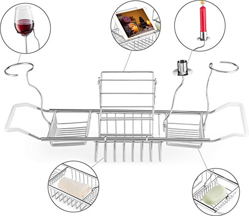 Bathtub Tray Caddy Stainless Steel - Bath Tub Caddy Rack & Organizer with Stand for Book, iPad or Phone - Candle Holder - 2 Wine Holders