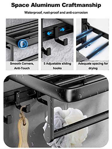 Bathroom Towel Rack, Foldable Towel Racks for Bathroom with 5 Sliding Towel Hooks, Drilling/Adhesive Towel Rack Wall Mounted for Rental/Restroom/Bedroom, Upgrade Wall Anchors, Rustproof, 24in