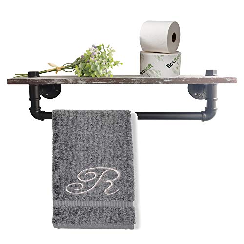 BSTGIFTS Industrial Pipe Shelf with Towel Bar,Wall Mounted Shelving with Towel Bar Rack for Bathroom, Wood Rack