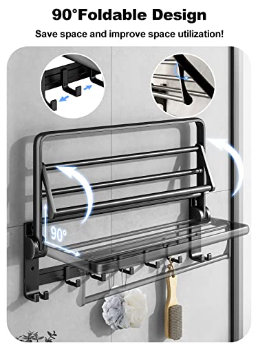 Bathroom Towel Rack, Foldable Towel Racks for Bathroom with 5 Sliding Towel Hooks, Drilling/Adhesive Towel Rack Wall Mounted for Rental/Restroom/Bedroom, Upgrade Wall Anchors, Rustproof, 24in