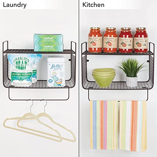 mDesign Steel Wall Mount Towel Rack Storage Organizer Shelf Holder with Towel Bar - for Bathroom, Laundry Room, Kitchen, Garage - Holds Hand Towels, Washcloth - Concerto Collection - Bronze