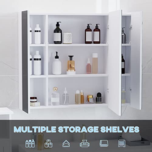 kleankin LED Medicine Cabinet, 35.5 x 29.5 Wall-Mounted Bathroom Vanity Mirror Organizer with Dimmer Touch Switch, Three Doors, and USB Charged, White