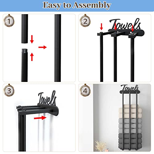 Wall Mounted Towel Rack for Rolled Towels, Upgrade 3 Bar Towel Storage Rack for Bathroom, BUDO Organizer for Folded Large Towel, Washcloths, Hand Towels(Black)